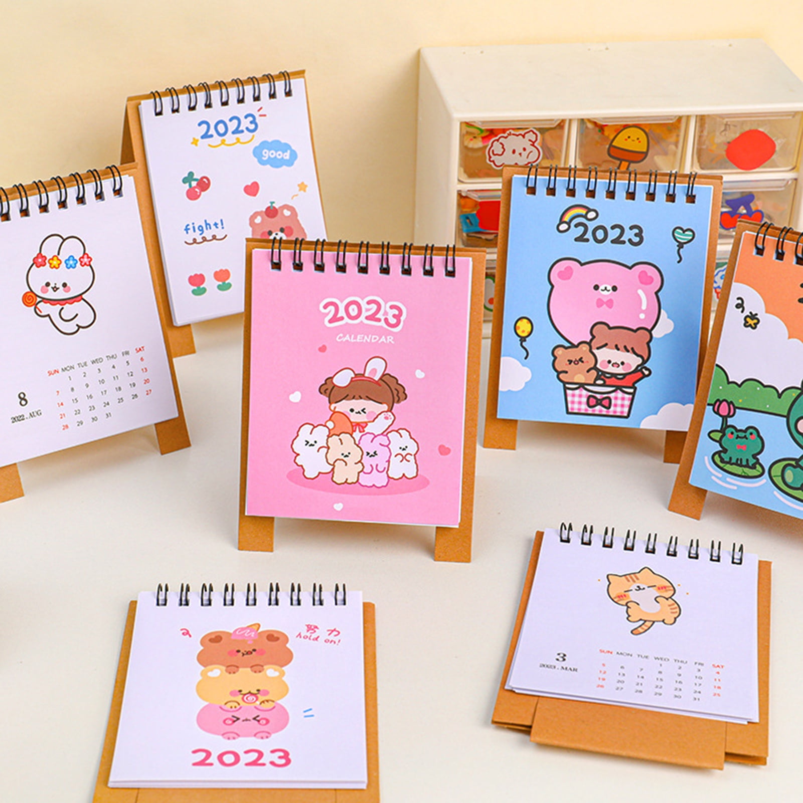 GROFRY Mini Calendar Cartoon Patterns Smooth Page Turning Space-saving ...