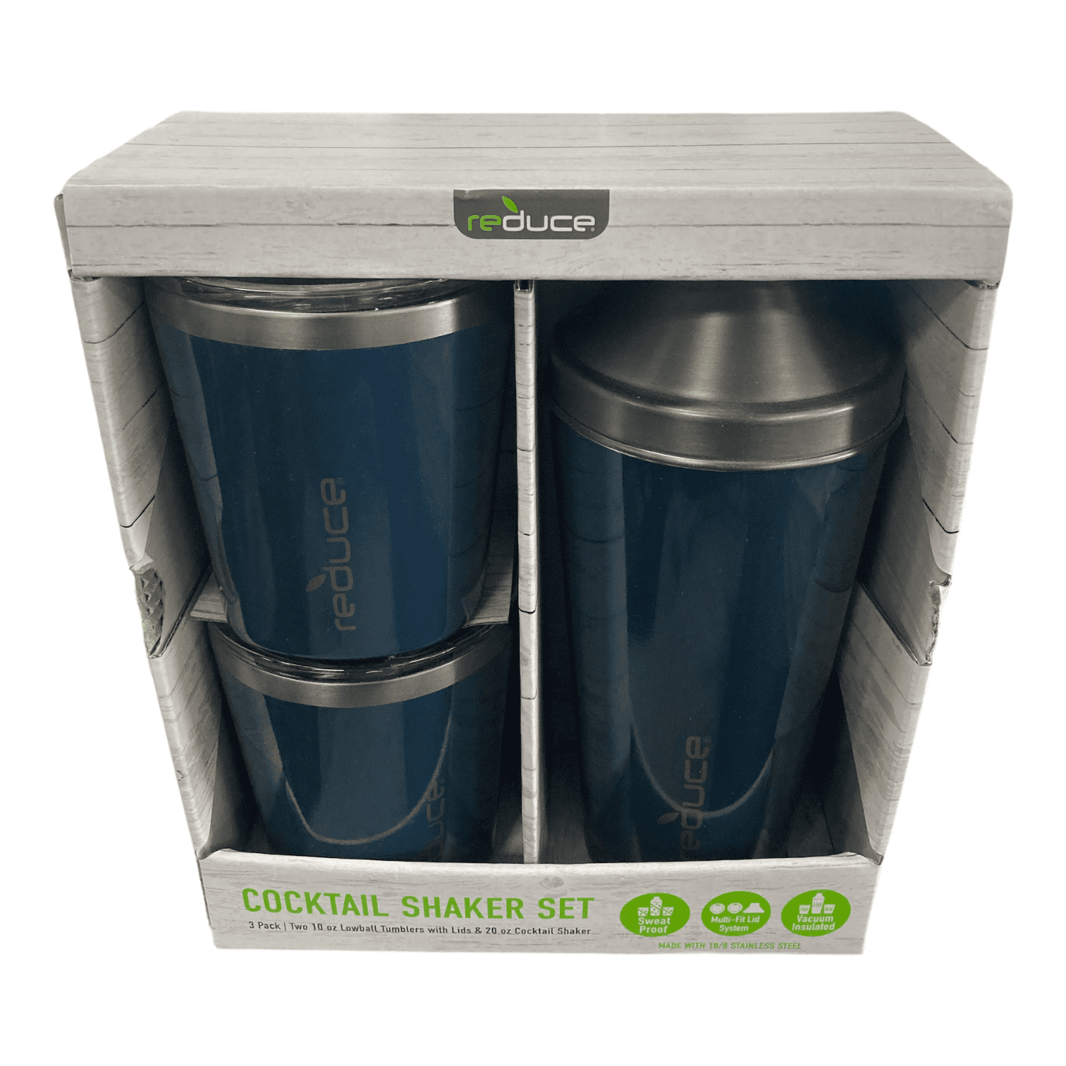 Reduce 3 Pc Cocktail Shaker w 10-oz. Lowball Tumblers Set Lids Shaker ...