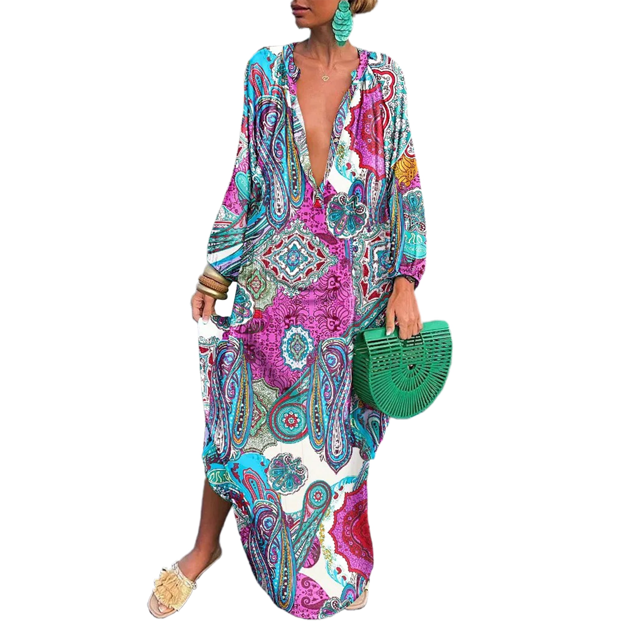 Click here for Fashnice Women Maxi Dresses V Neck Dress Long Slee... prices