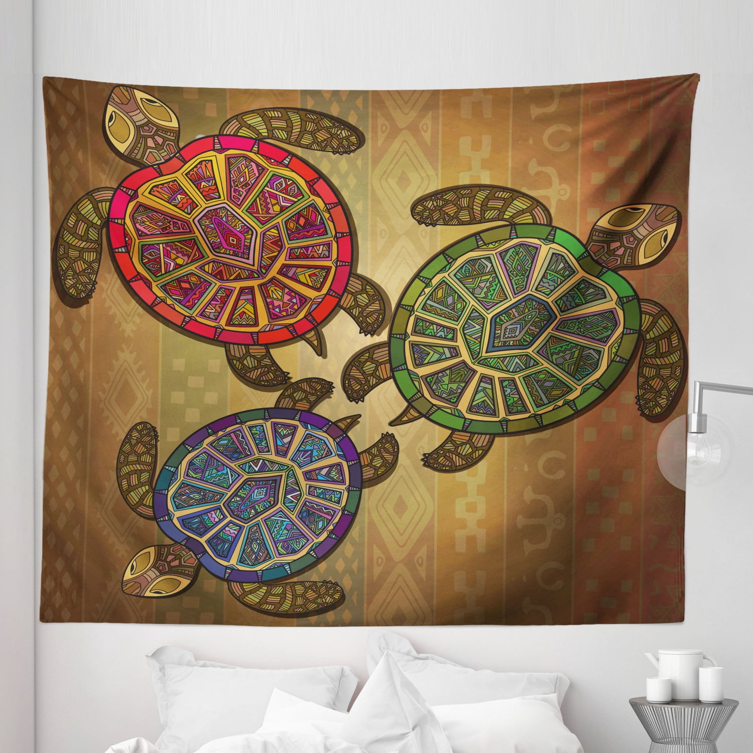 Ethnic Tapestry, 3 Ocean Turtles Ethic Style Animals Geometric Vibrant ...