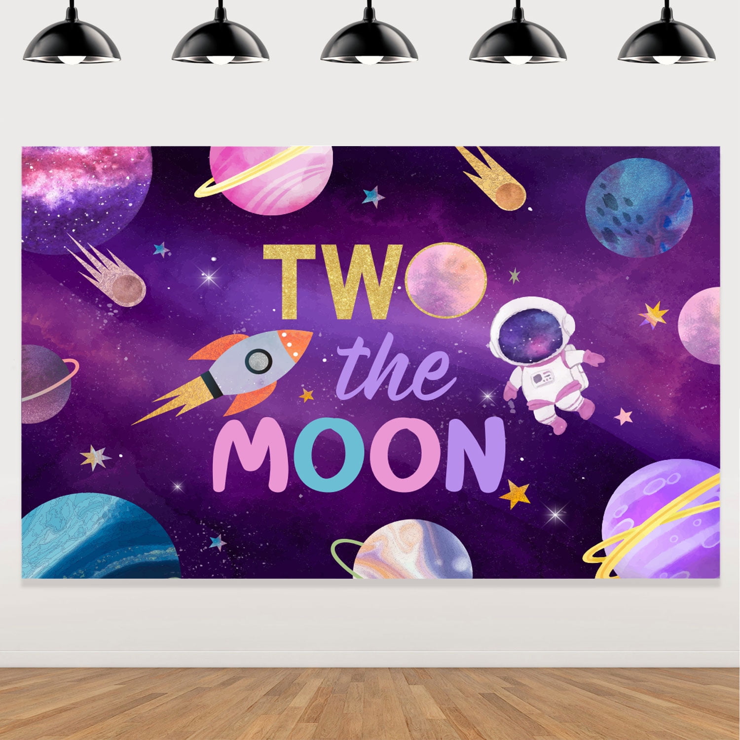 Two The Moon Purple 2nd Birthday Backdrop Outer Space Girl Party ...