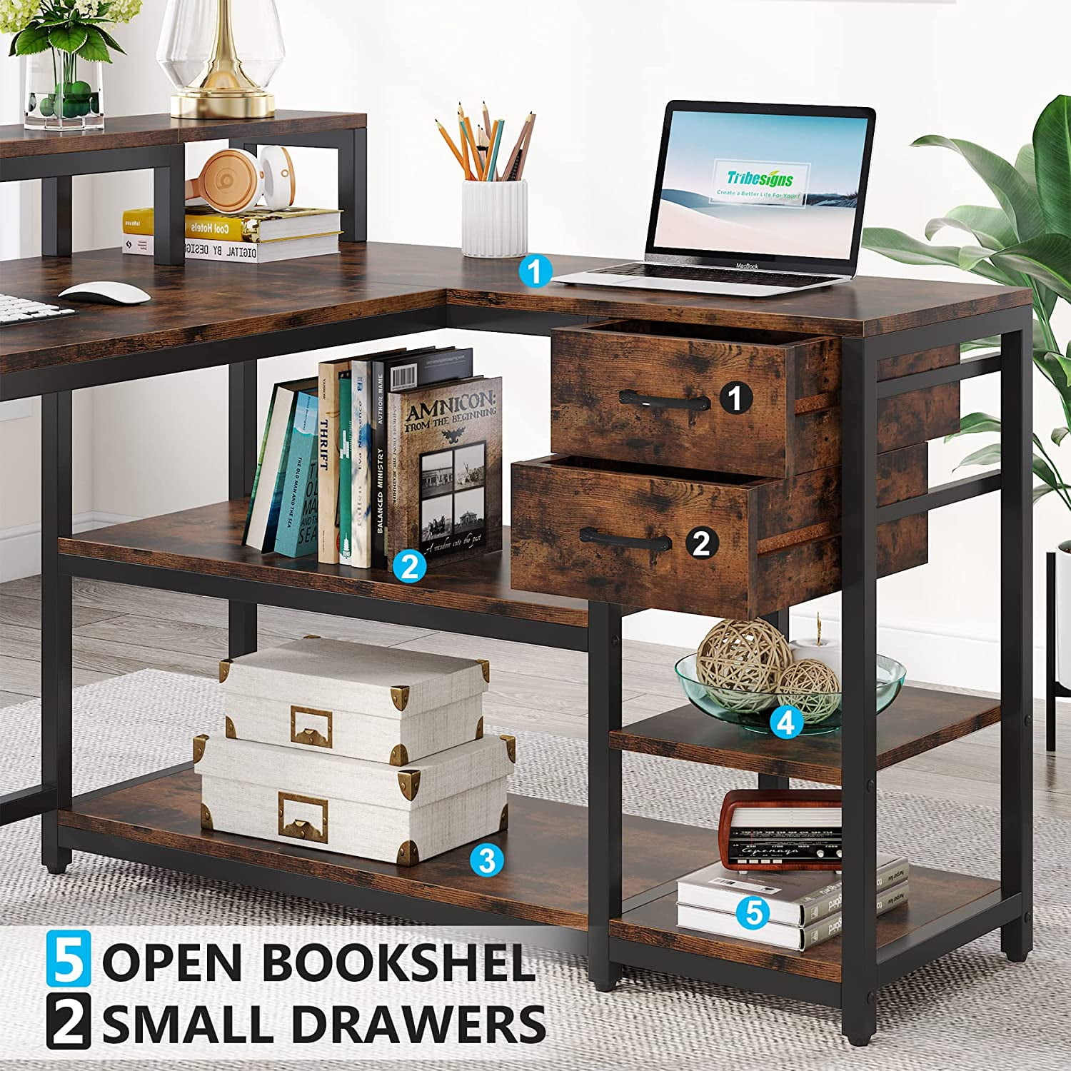Tribesigns Rustic Wooden L Shaped Corner Study Desk with Storage Shelves Drawers for Home Office or Bedroom Walmart