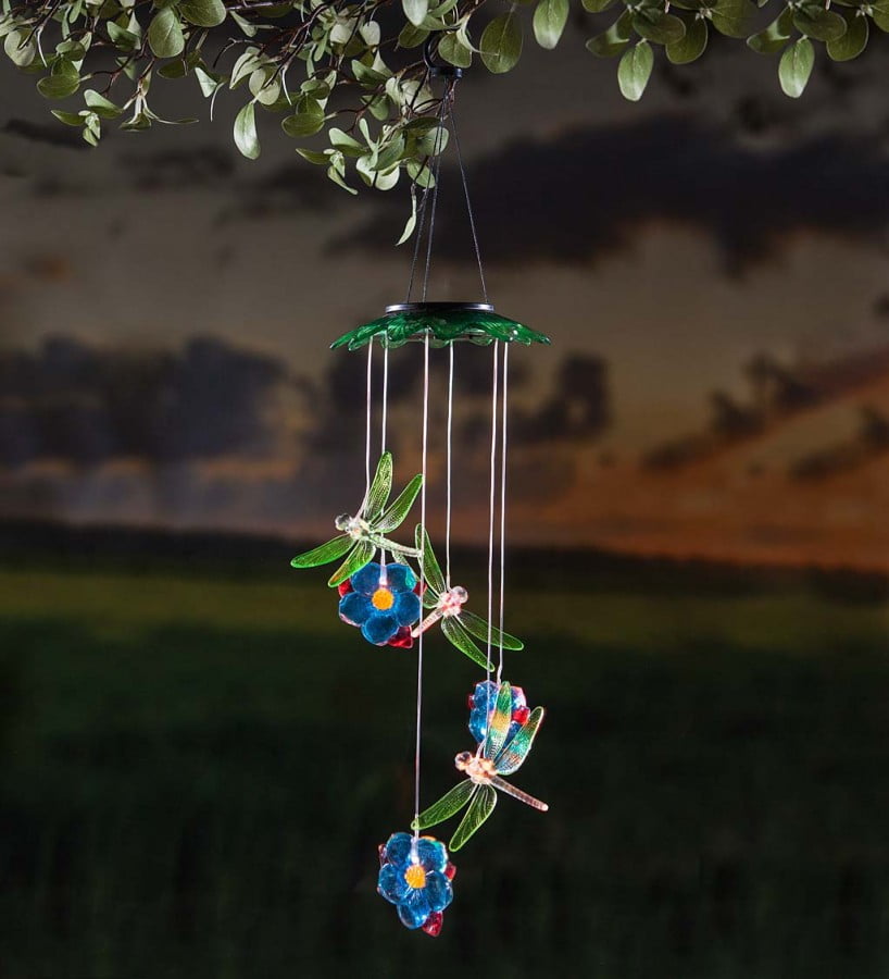 Plow & Hearth Color Changing Solar Mobile with Dragonflies and Flowers ...