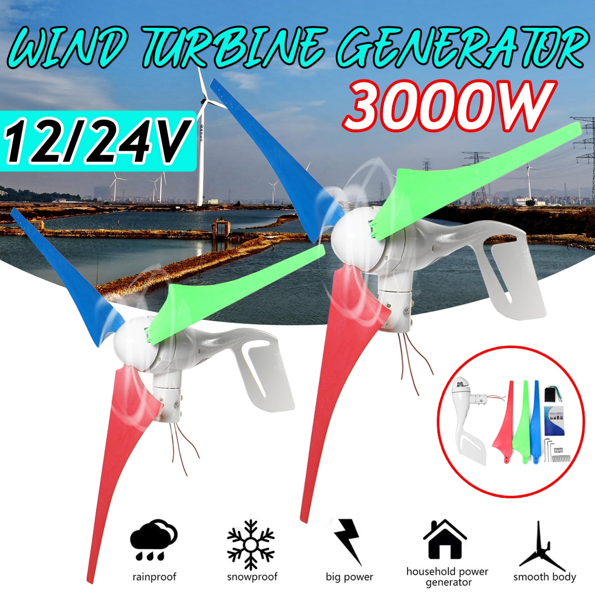 3000W Wind Turbine Generator 3 Blades DC 12/24V High Wind Power ...