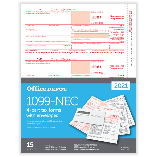 Office Depot® Brand 1099-NEC Laser Tax Forms, 3-Up, 4-Part, 8-1/2" x 11", Pack Of 15 Form Sets ...
