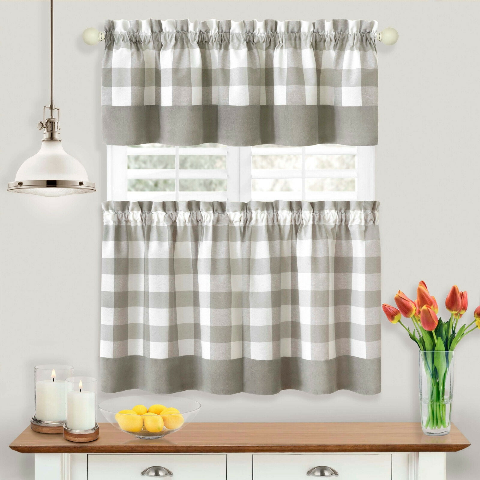 Kate Aurora Modern Country Farmhouse 3 Piece Plaid Cafe Kitchen Curtain ...