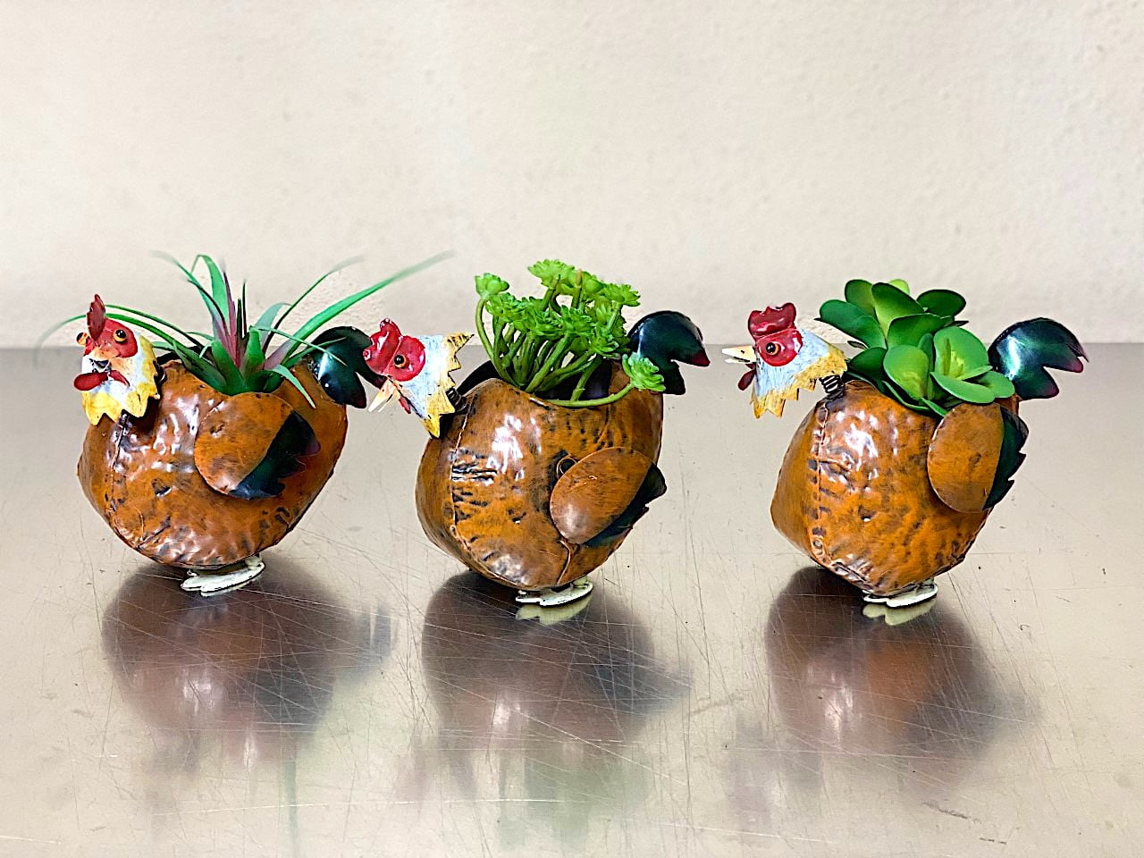 S/3 Chicken Planters Small Brown Metal Rustic Indoor Outdoor Decor ...