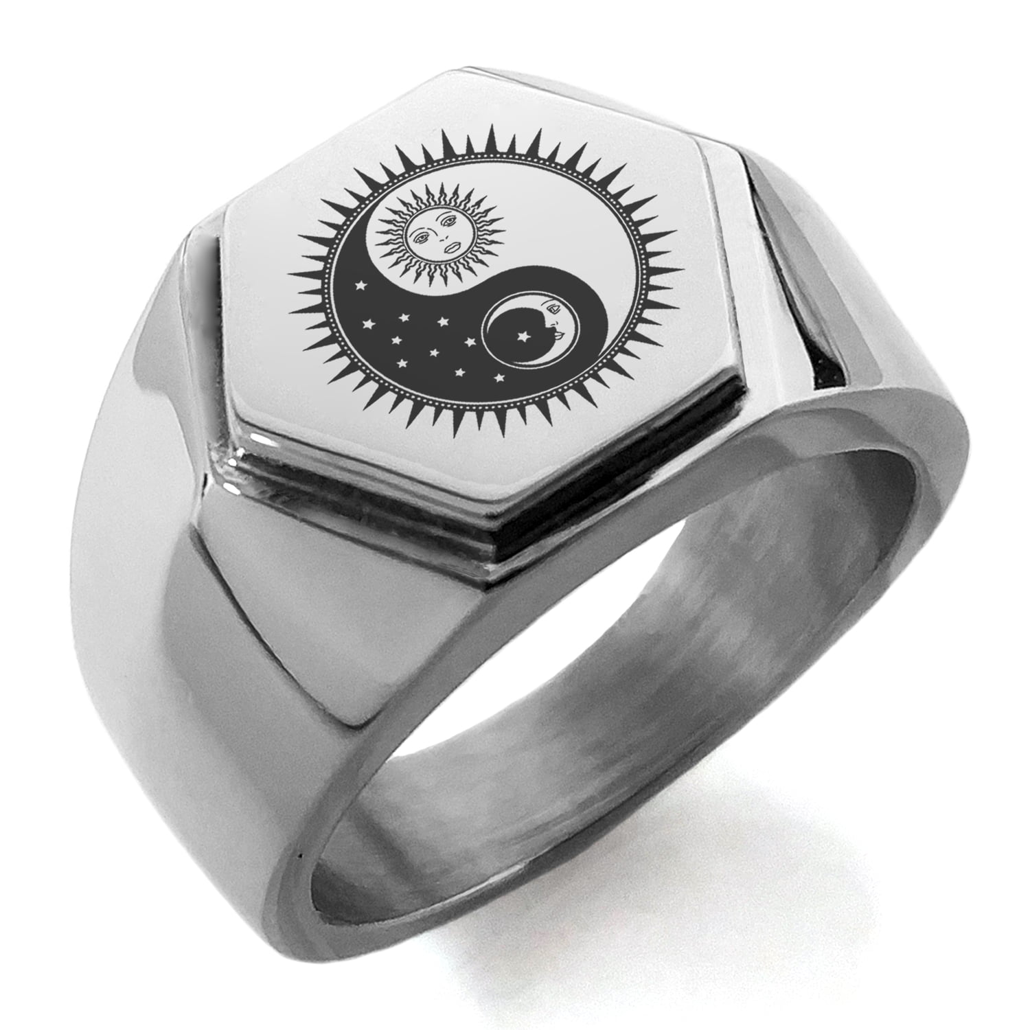 Stainless Steel Sun & Moon Yin Yang Engraved Hexagon Crest Flat Top ...