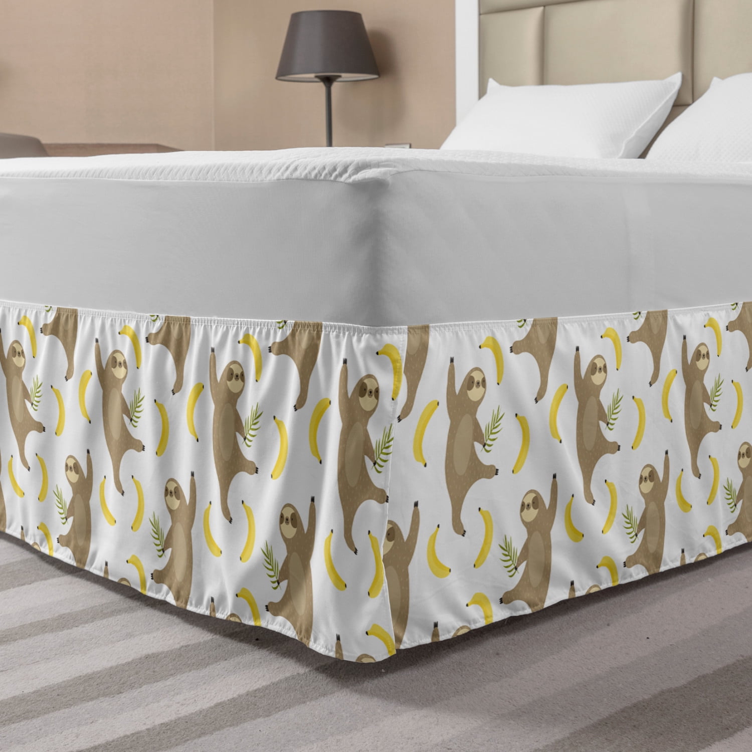 Sloths Bed Skirt, Tropical Print of Dancing Sloths and Banana ...