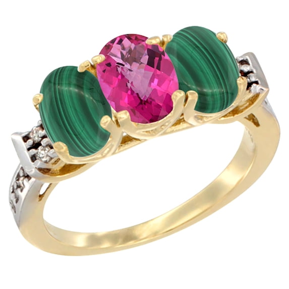 10K Yellow Gold Natural Pink Topaz & Malachite Sides Ring 3-Stone Oval ...