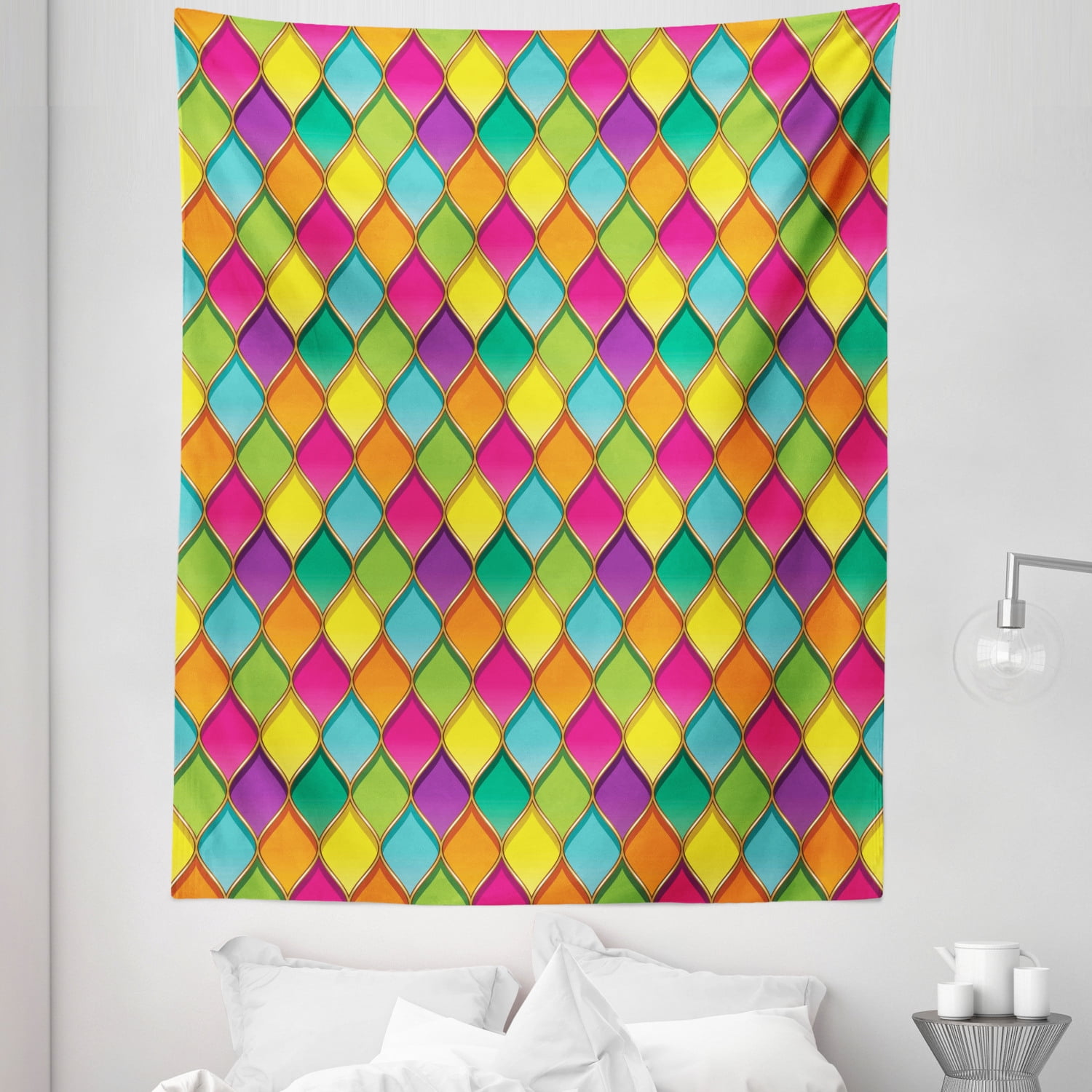 Geometric Tapestry, Vivid Colored Stained Glass Style Pattern Wavy ...