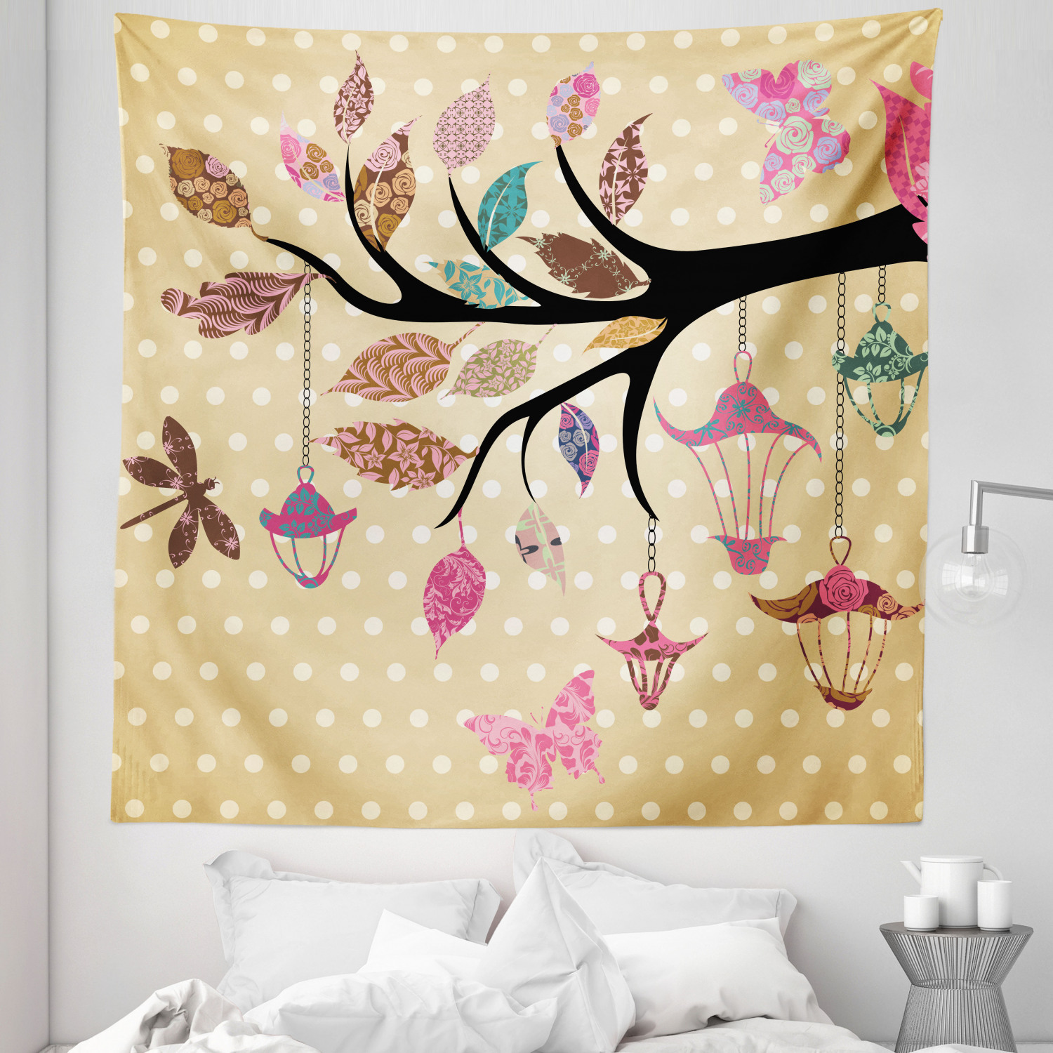 Floral Tapestry, Tree Branch with Original Lantern and Leaves on Polka ...