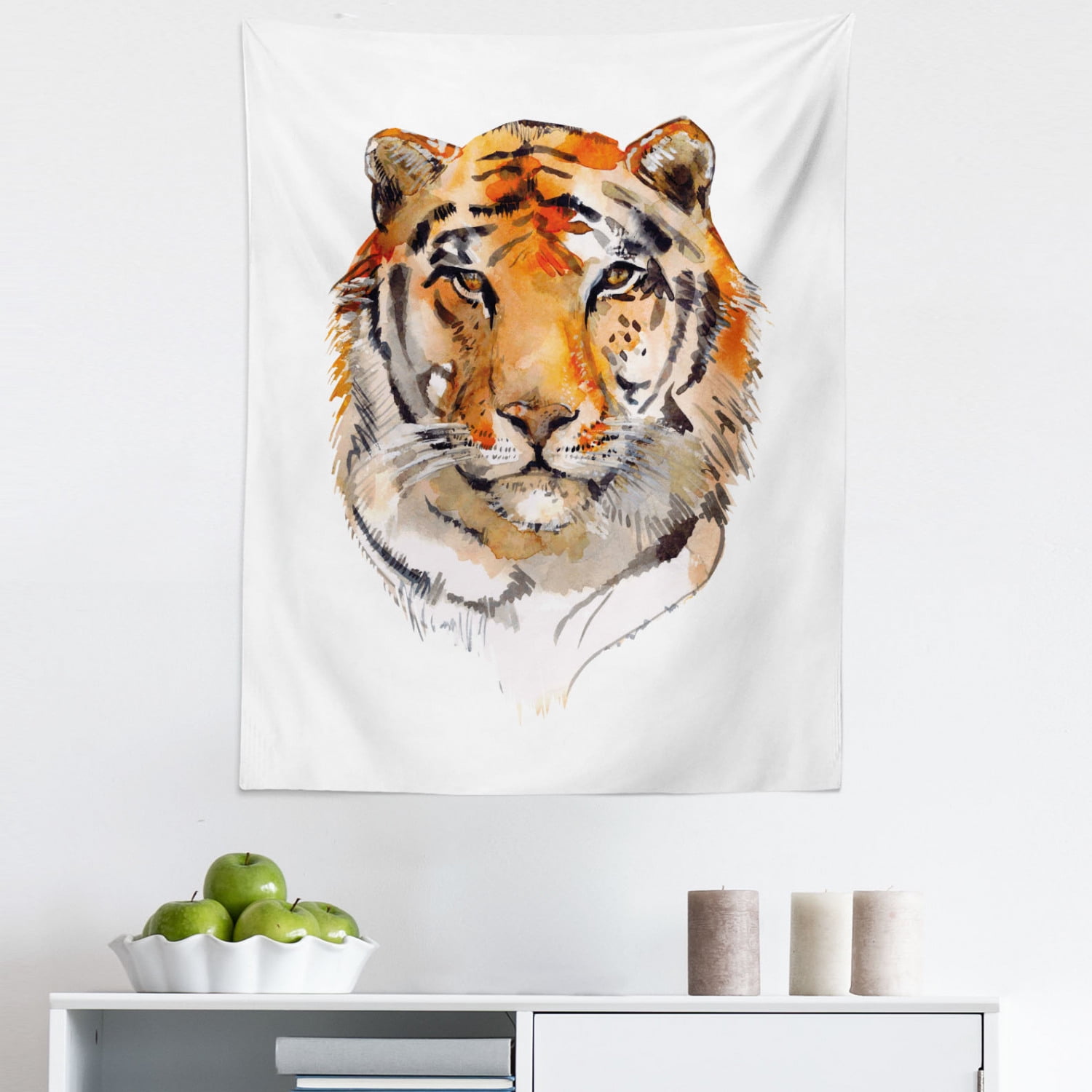 Tiger Tapestry, Feline Animal with Calming Stare Hand Drawn Watercolor ...