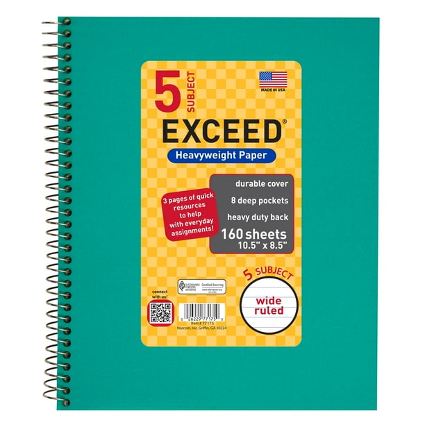 160 Count 5 Sub Teal Exceed Notebook, 10.5" x 8.5", Wide Ruled ...