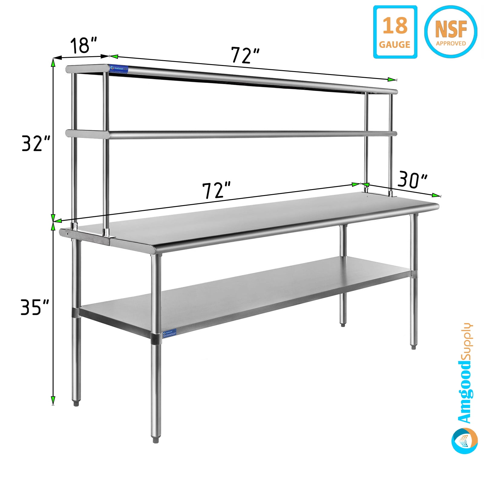 72" Long x 30" Deep" Stainless Steel Work Table With 18" Wide Double ...