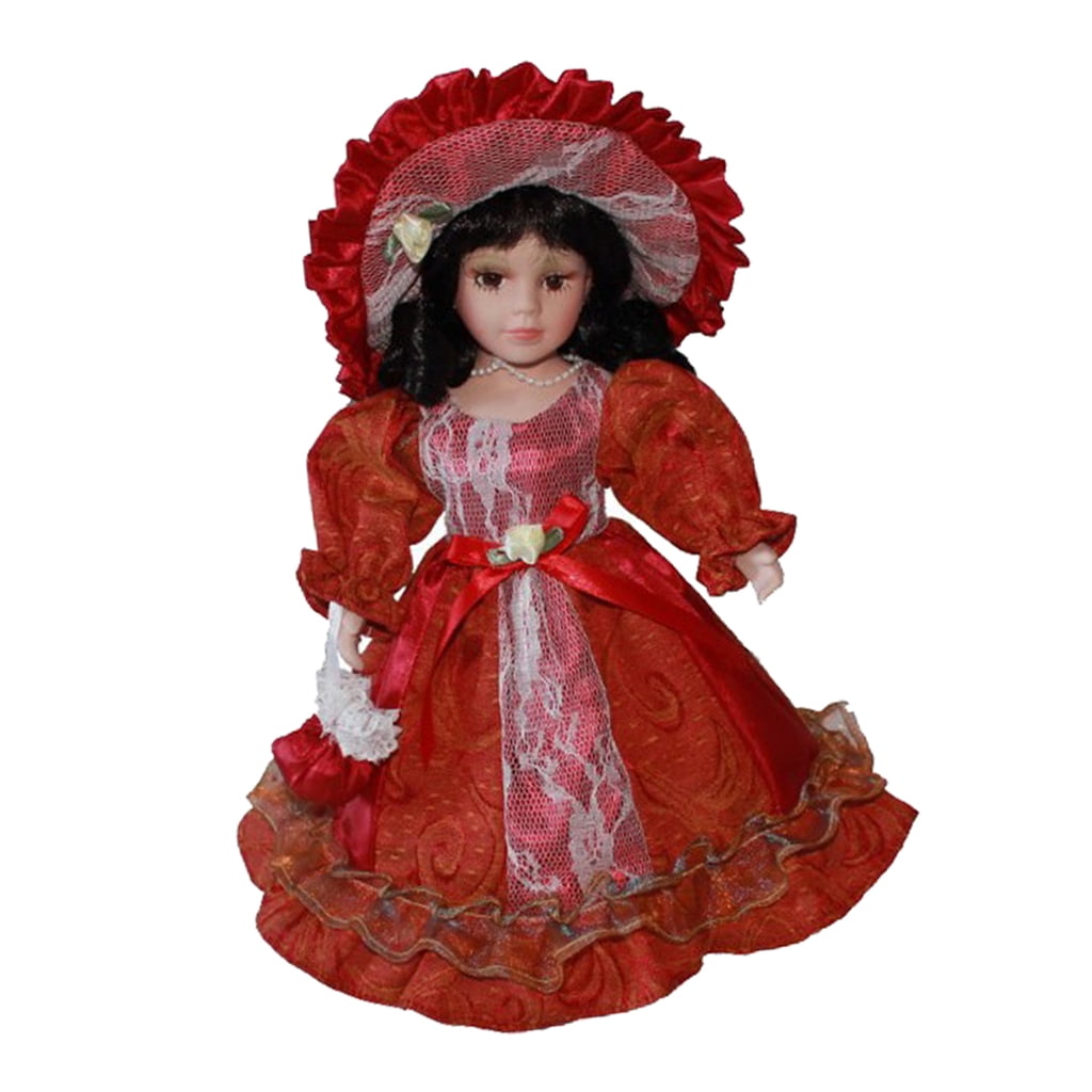 30cm Gentle Porcelain Female Doll People Figure with Black Curly Hair ...