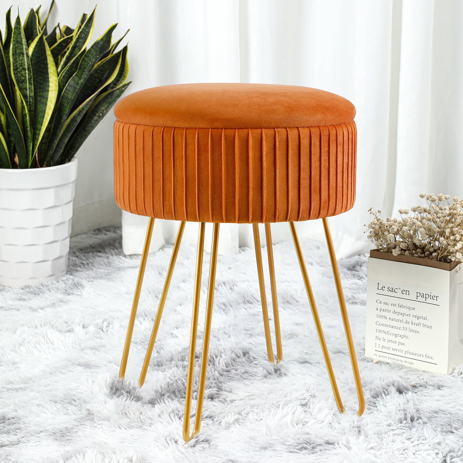 Velvet Footrest Stool Ottoman Pleated Round Modern Upholstered Vanity ...