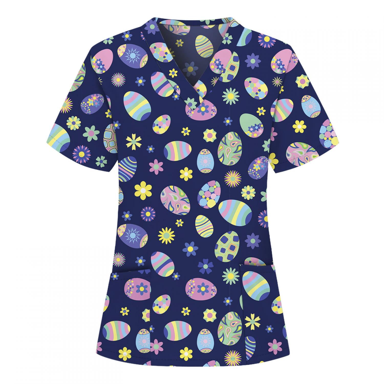 Click here for Pisexur Womens Nursing Scrub Tops Easter Eggs Bunn... prices