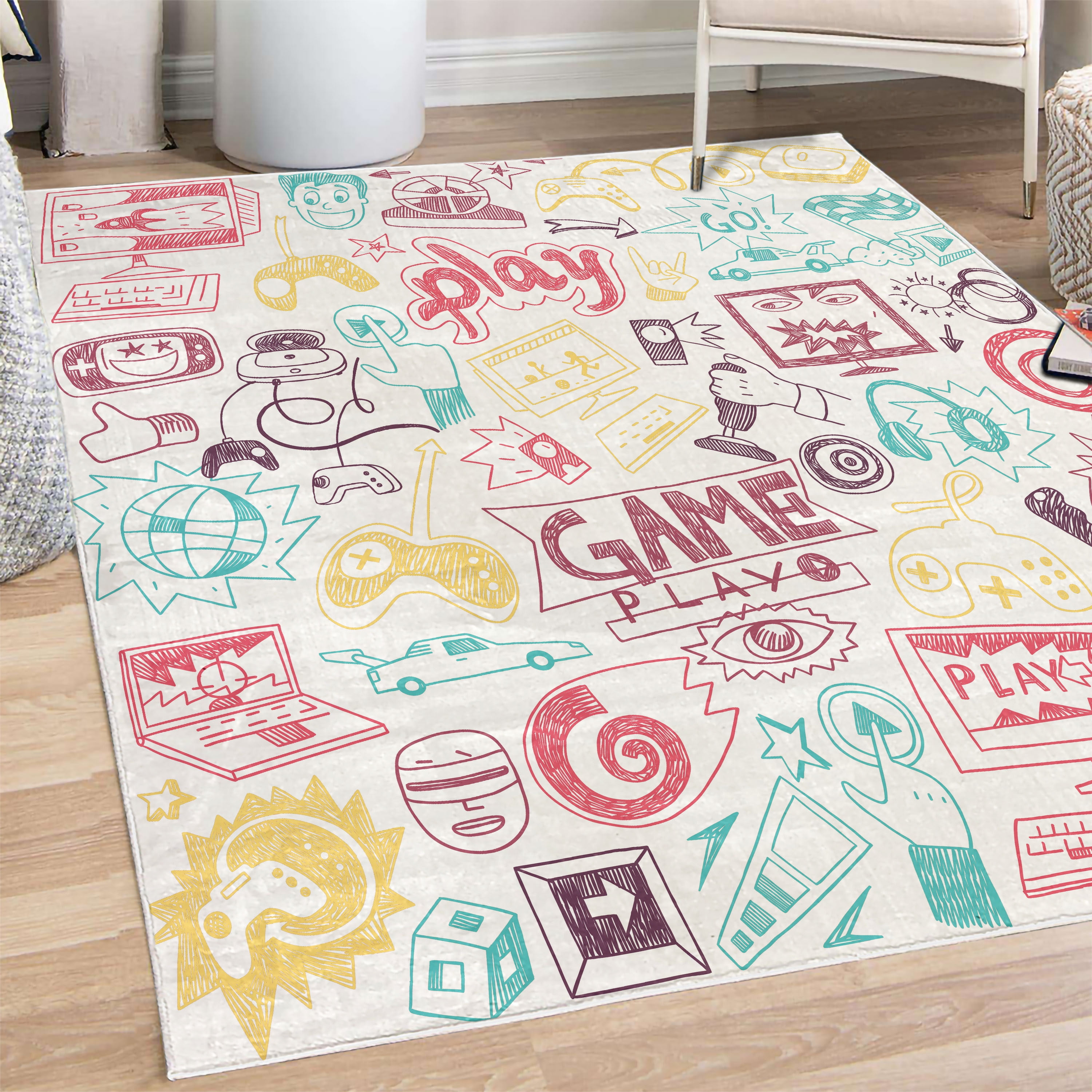 Video Games Decorative Rug, Monochrome Sketch Gaming Design Racing ...