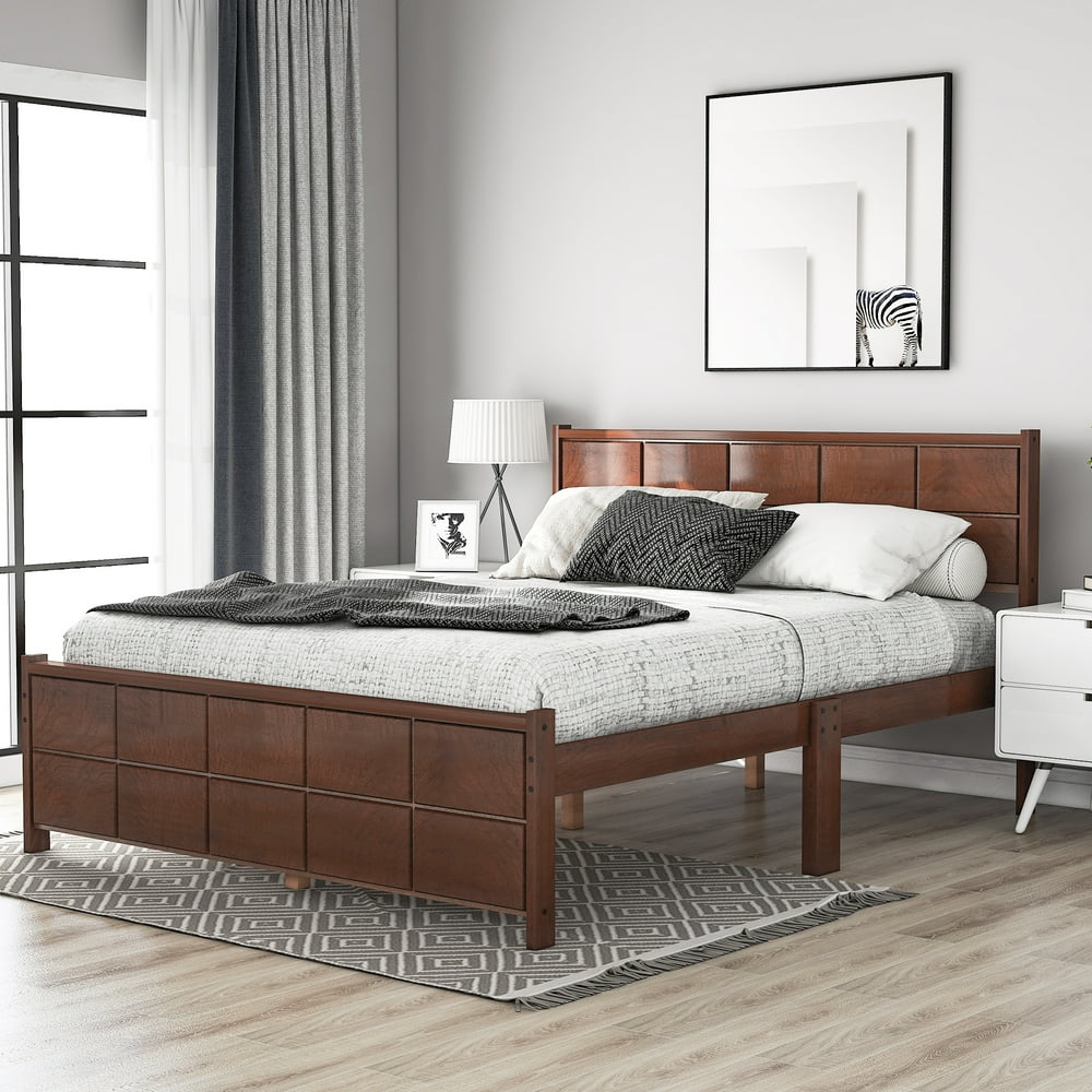 Euroco Queen Platform Bed Wood Frame With Headboard And Footboard Brown