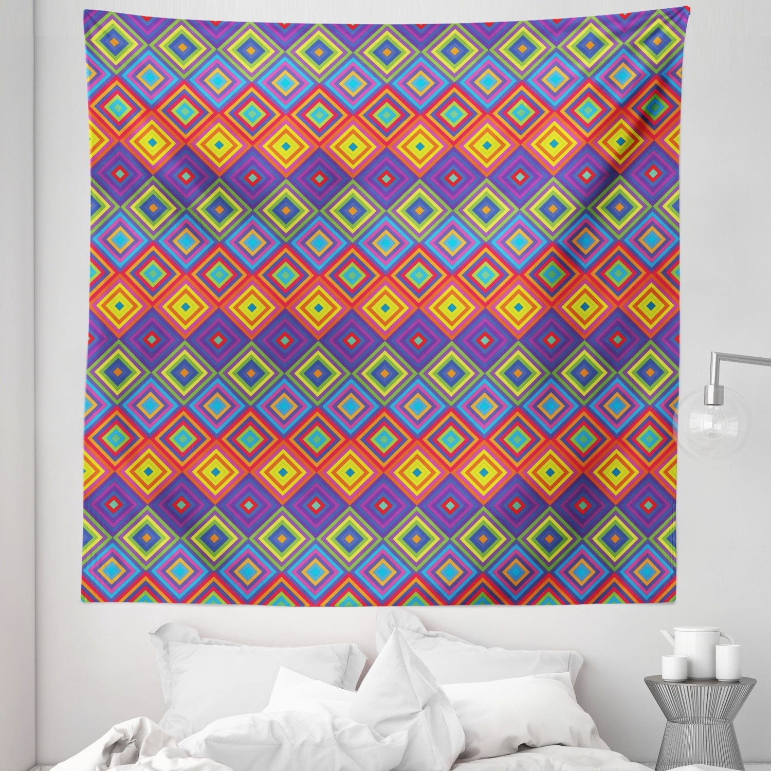 Trippy Tapestry, Hippie Style Square Shapes in Vibrant Colors ...