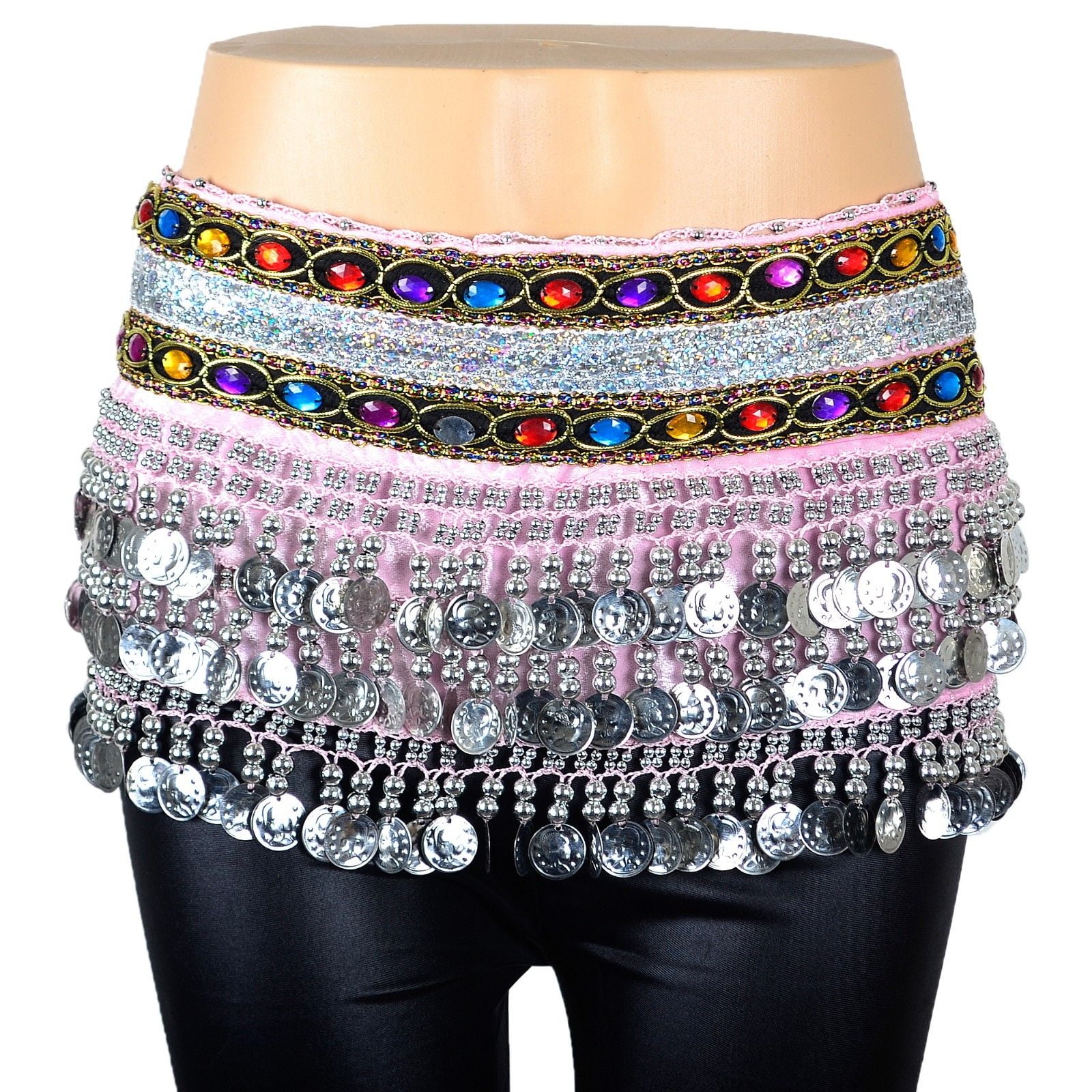 Velvet Belly Dance Hip Scarf With Silver Coins Faux Gemstone Sequins