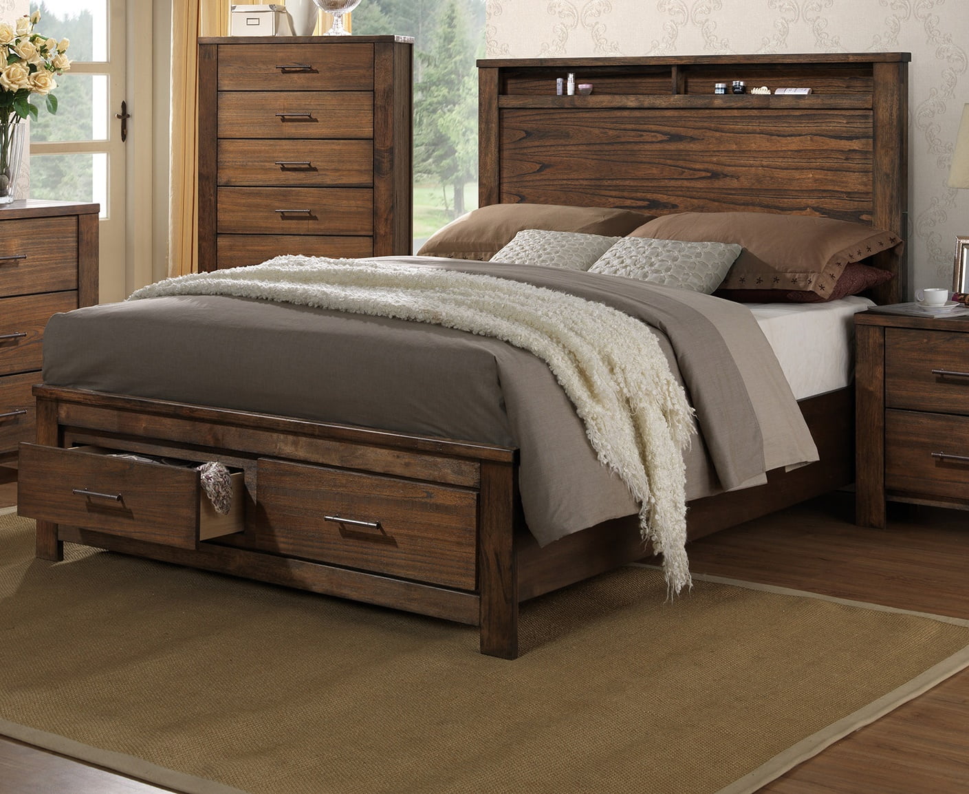Natural Wood Finish California King Size Bed Contemporary Oak Veneer ...