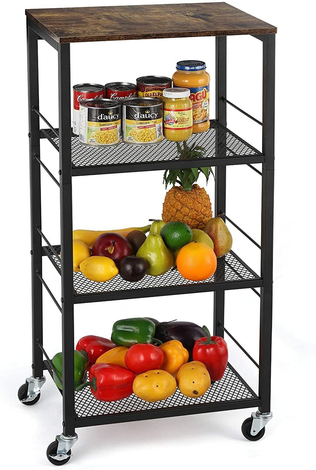 4-Tier Wire Storage Rolling Cart Mesh Shelves Wood Table - Walmart.com
