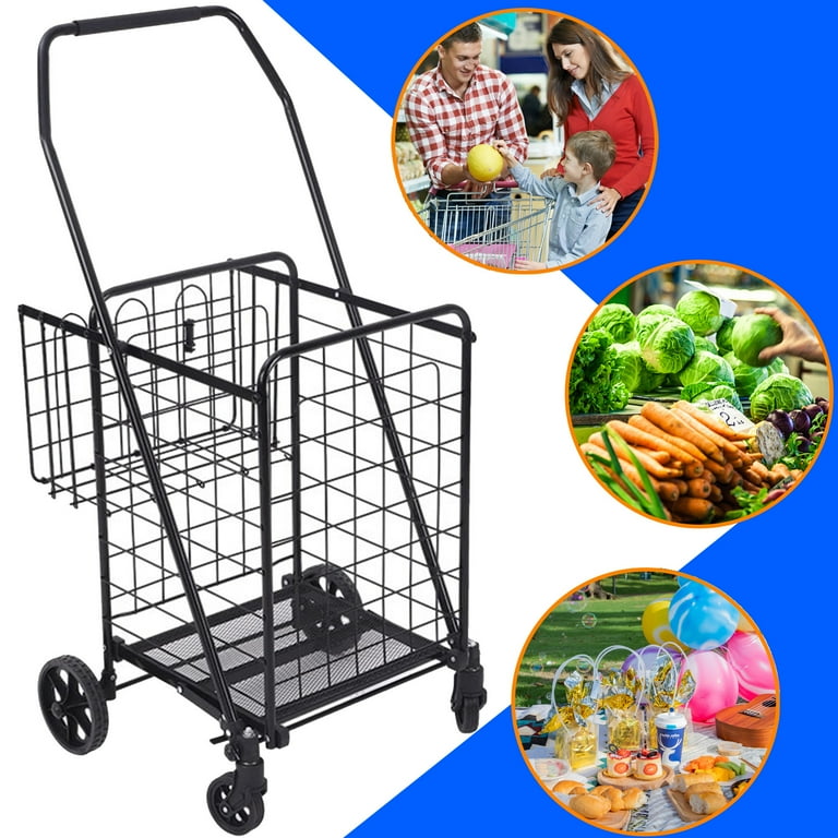 Folding Shopping Cart Jumbo Swivel Wheels Extra Basket