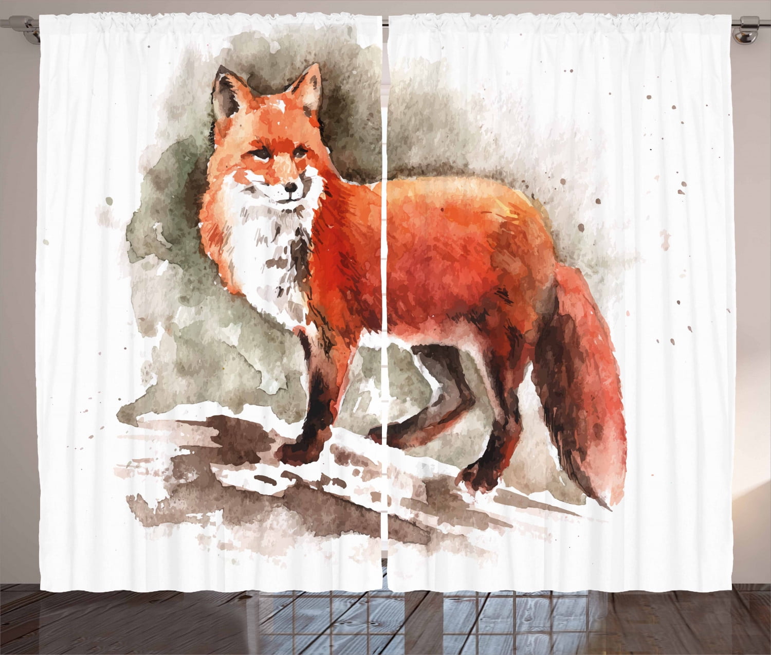 Fox Curtains 2 Panels Set, Watercolor Hand Drawn Red Fox with Bushy ...