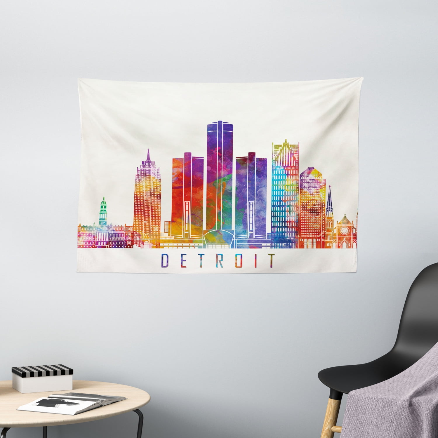 Detroit Decor Tapestry, Vibrant Colored Abstract Skyscrapers Modern ...