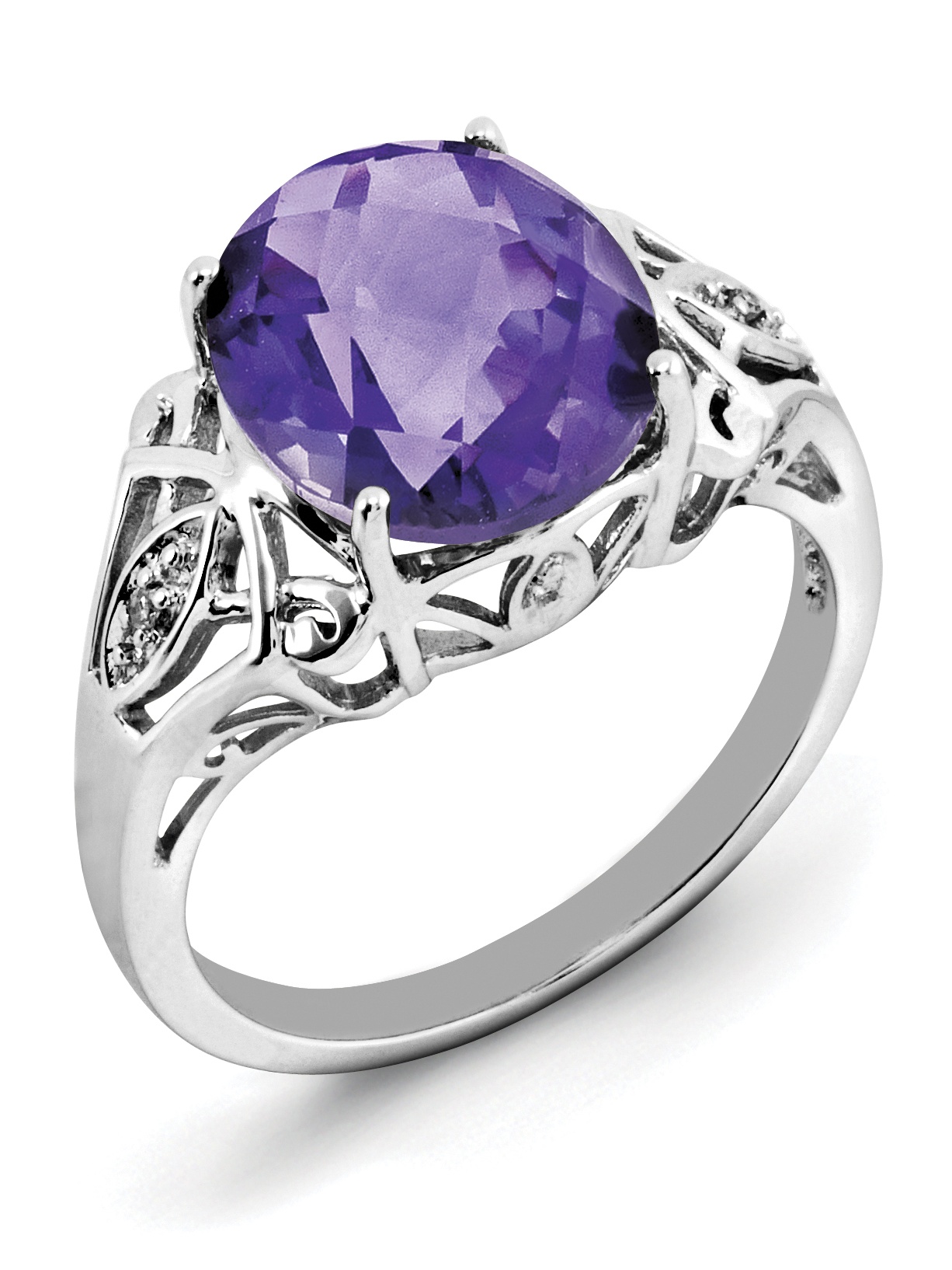 Sterling Silver Rhodium-plated Checker-Cut Amethyst & Diamond Ring ...