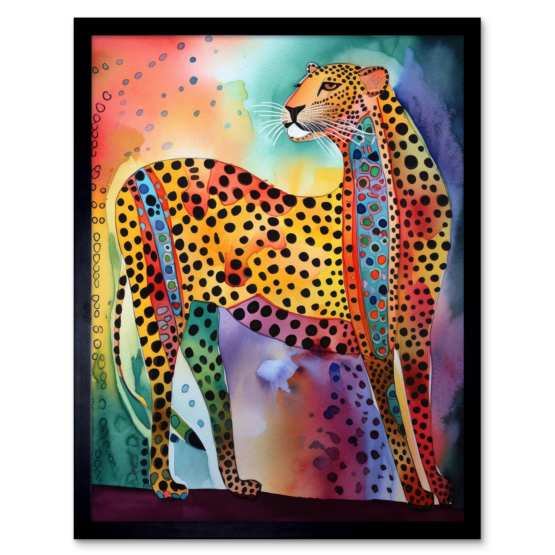 Colourful Cheetah Folk Art Watercolour Painting Art Print Framed Poster ...
