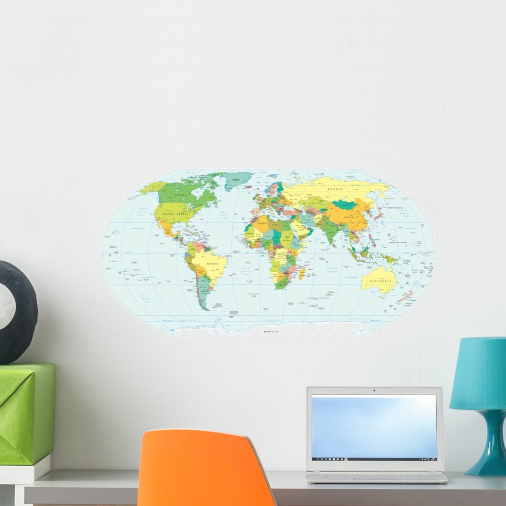 World Map Political Boundaries Wall Decal by Wallmonkeys Peel and Stick ...