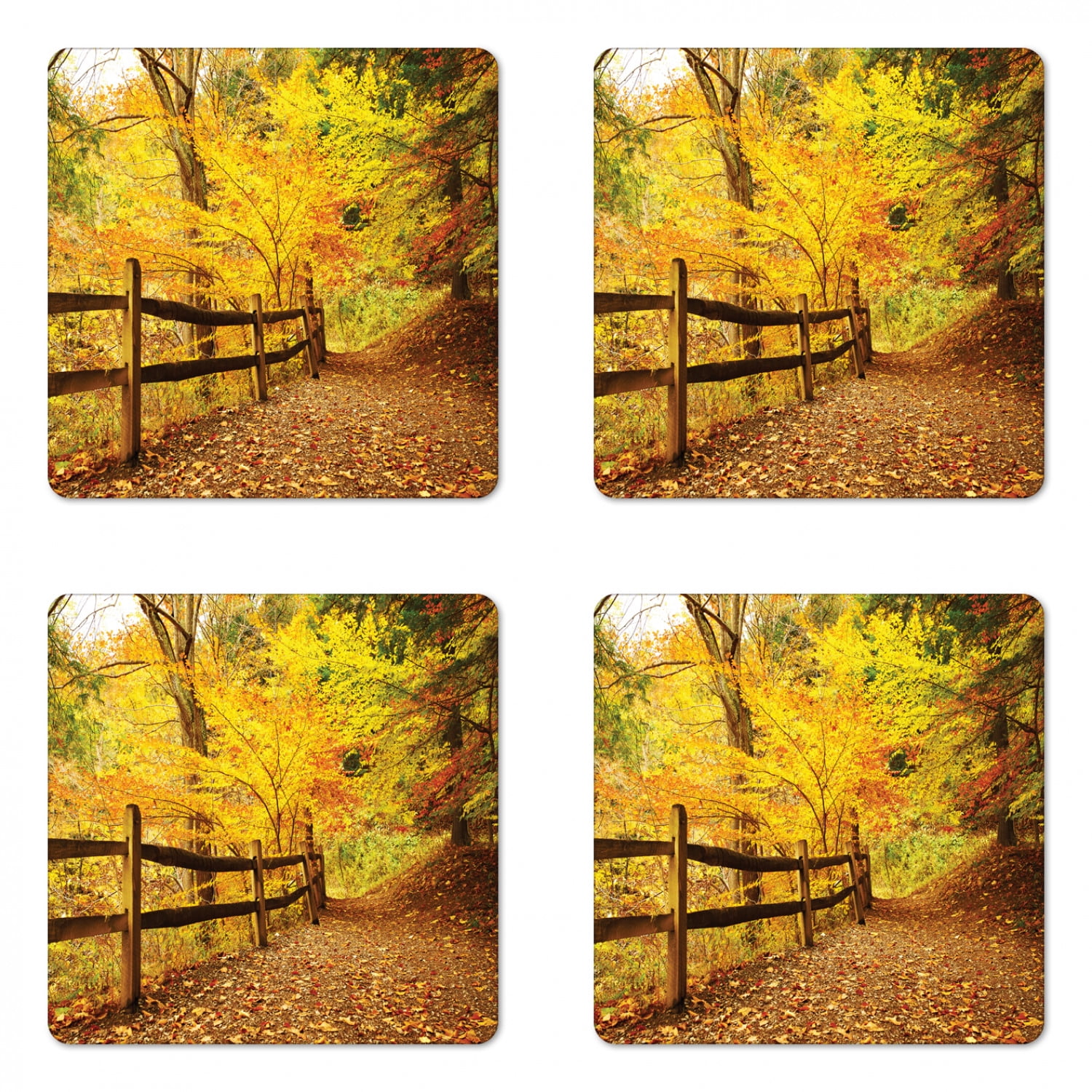 Landscape Coaster Set of 4, Autumn Season Fall Trees Leaves on Pathway ...