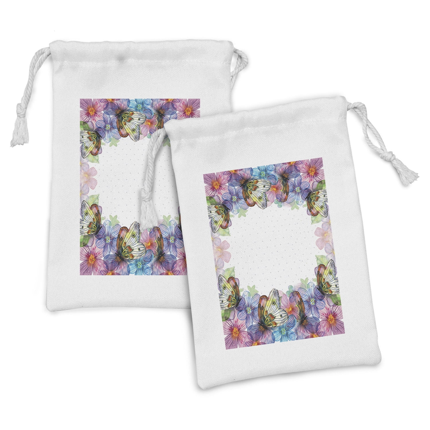 Floral Fabric Pouch Set of 2, Watercolor Design Vivid Spring Petals and ...