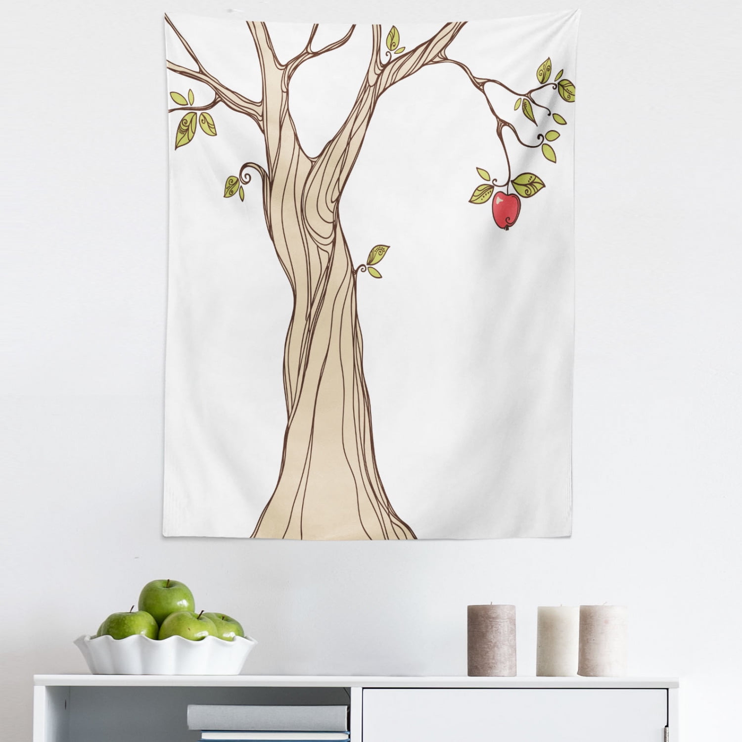 Cartoon Tapestry, Old Tree Drawing with Apples and Leaves Fruit Garden ...