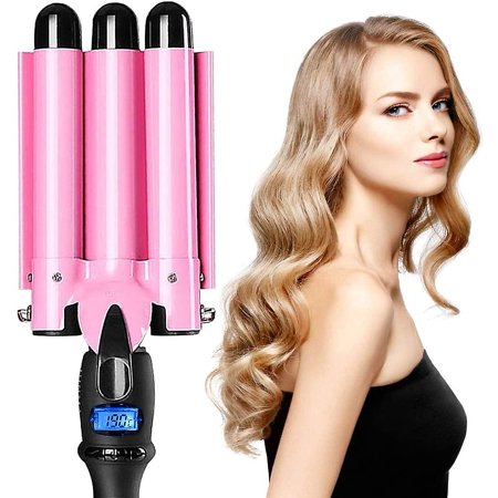 3 Barrel Hair Waver 25mm Curling Iron Wand Hair Crimper With Led Temperature Display--Pink ...