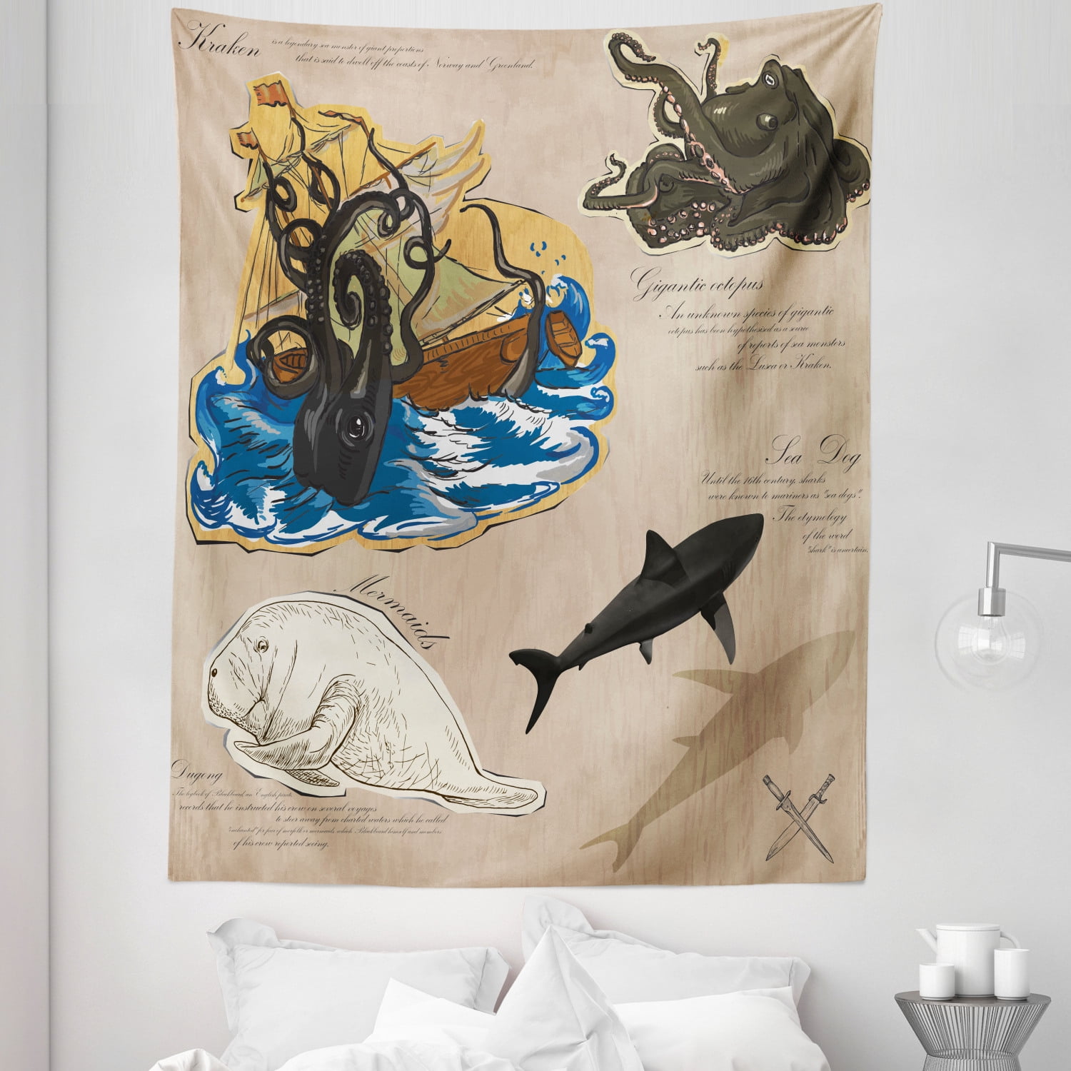 Nautical Tapestry, Marine Monsters Creatures Collage Kraken Octopus Sea ...