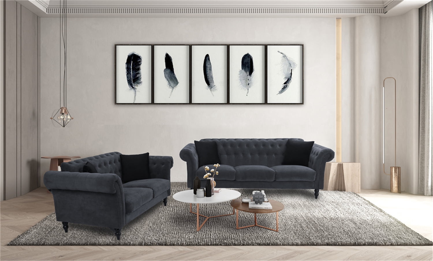 2 Pieces Sectional Sofa Set, Classic Chesterfield Sofa Set with ...