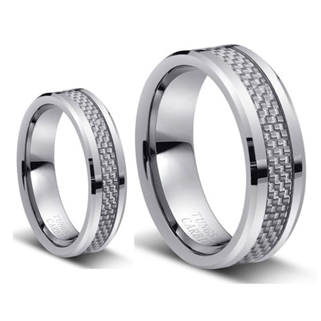 Matching Mens and Ladies Silver Carbon Fiber Inlay Tungsten Carbide ...
