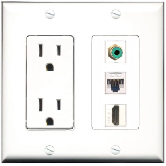 RiteAV - 15 Amp Power Outlet 1 Port RCA Green 2 Port Cat5e Ethernet ...