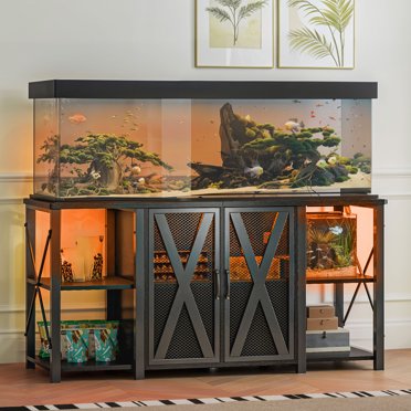 ModFusion Walnut & White Aquarium Stand with Cabinet, Adjustable Shelf ...