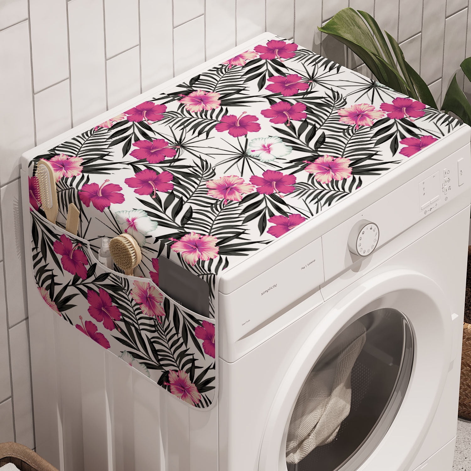 Tropical Washing Machine Organizer, Pink White Hibiscus Flowers on ...