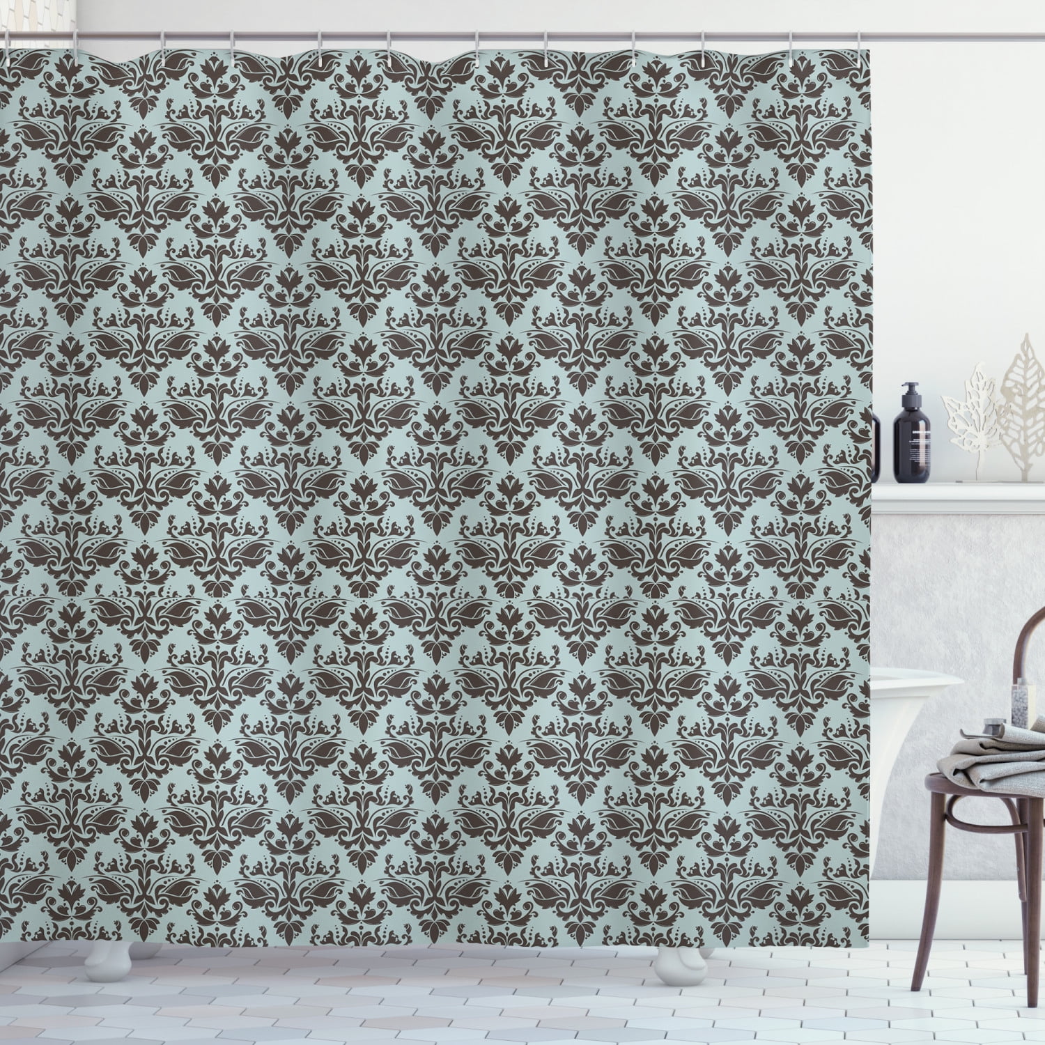 Damask Shower Curtain, Damask Shapes Motif Western Modular Leaves and ...