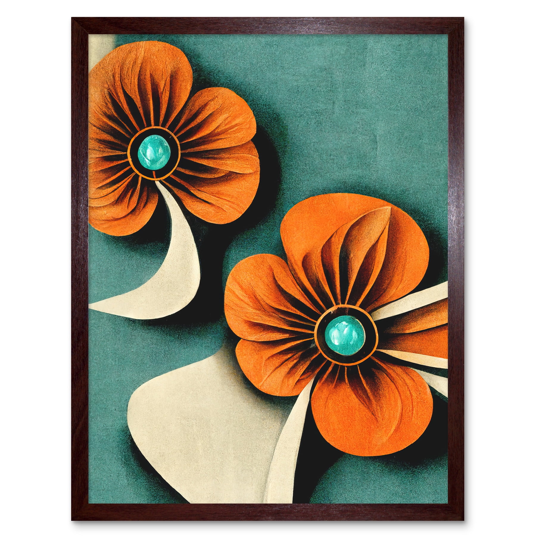 Abstract Papercut Orange And Cream Flowers On Teal Art Print Framed ...