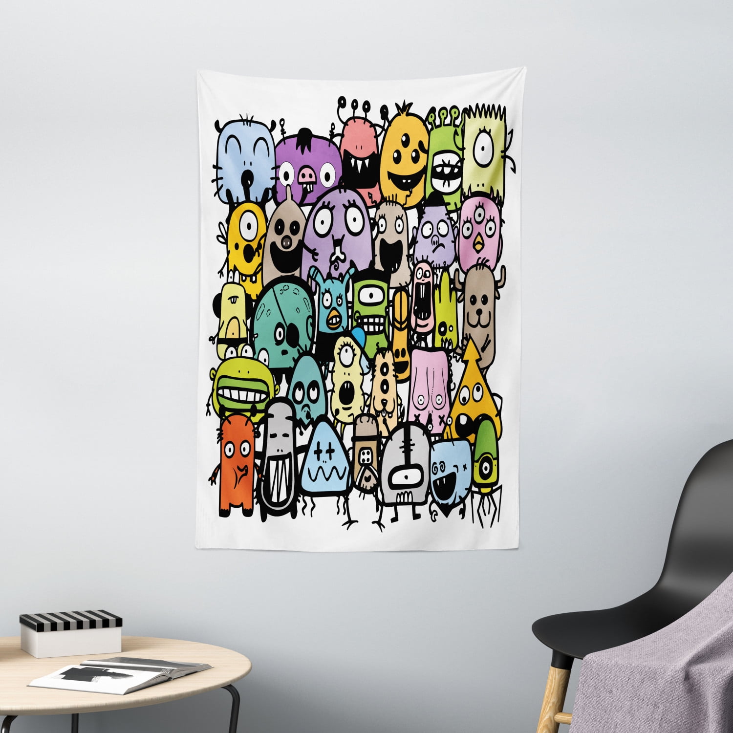 Alien Tapestry, Colorful Monster Friends and Family Modernistic Doodle ...
