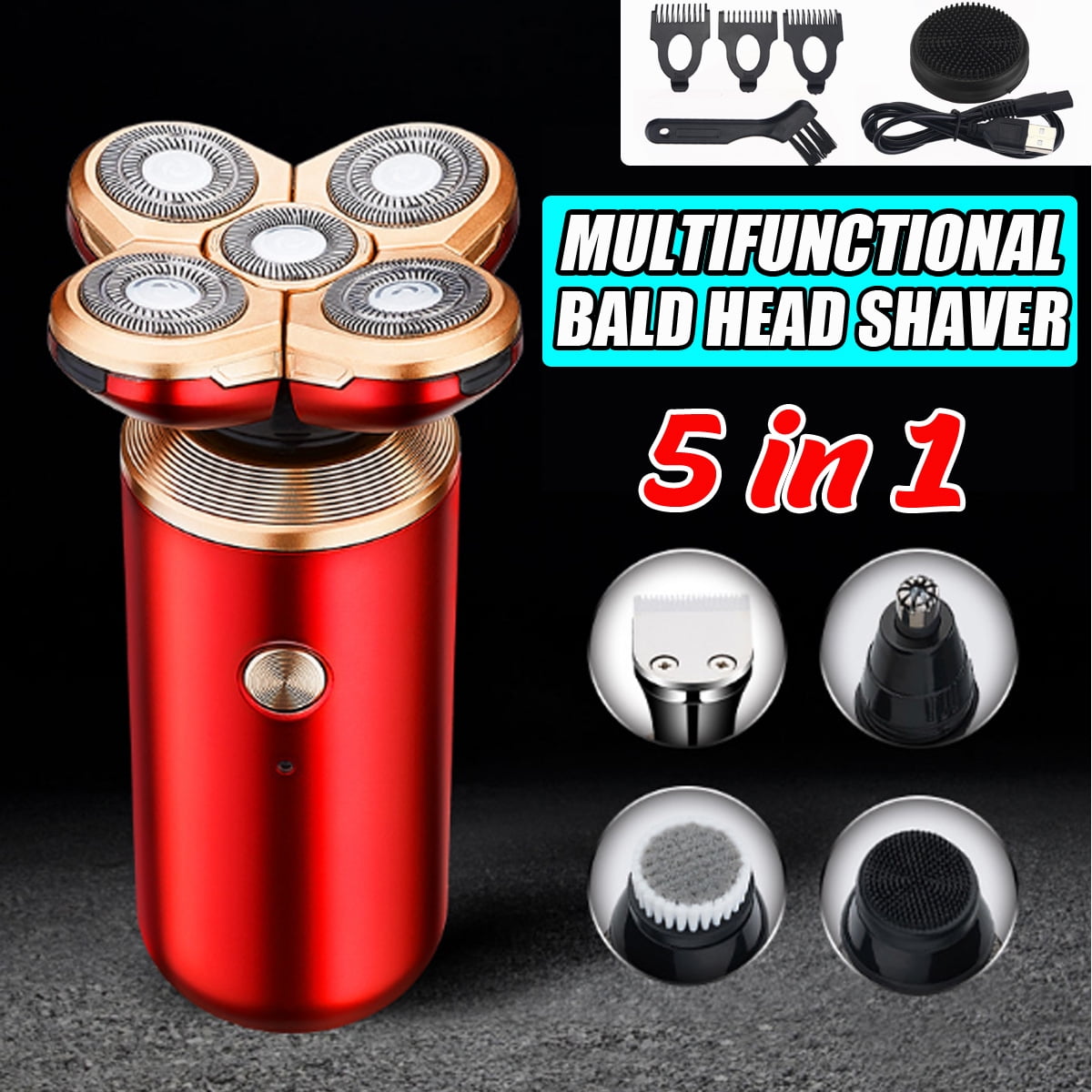 5 in 1 Electric Shaver Rotary Bald Head Shaver Beard Men Cordless Razor ...