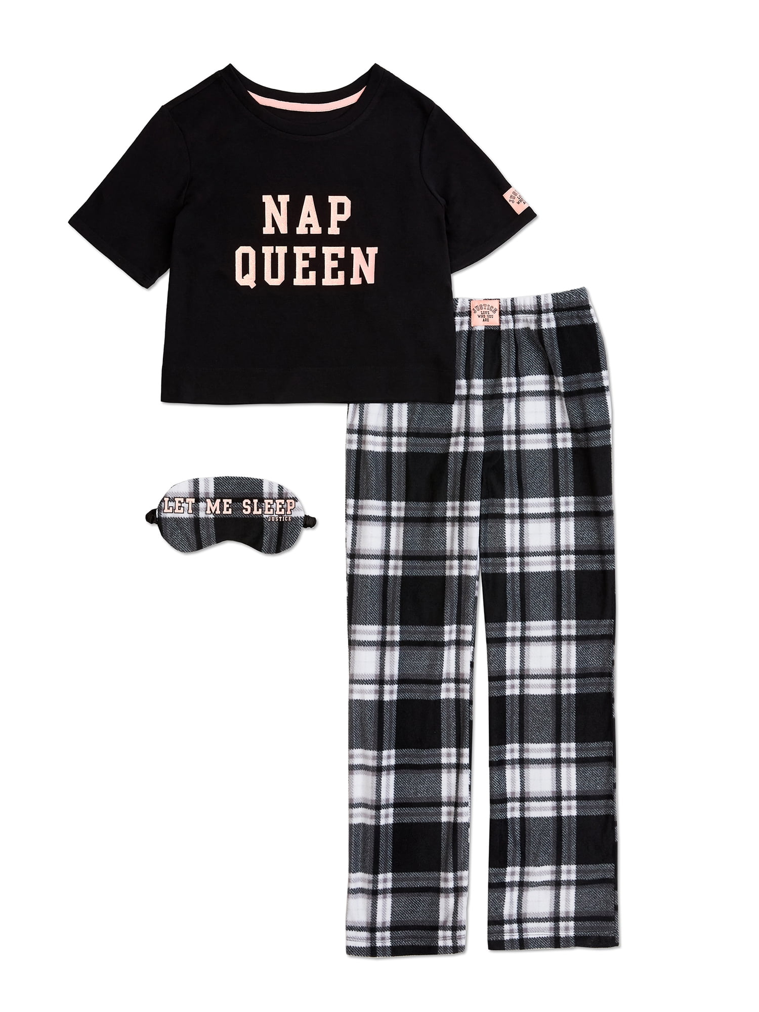 Justice Justice Girls Short Sleeve Top And Plaid Pant 3 Piece Pajama