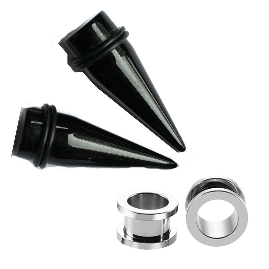Pair Black Tapers and Steel Screw On Tunnels Plugs gauges Ear ...